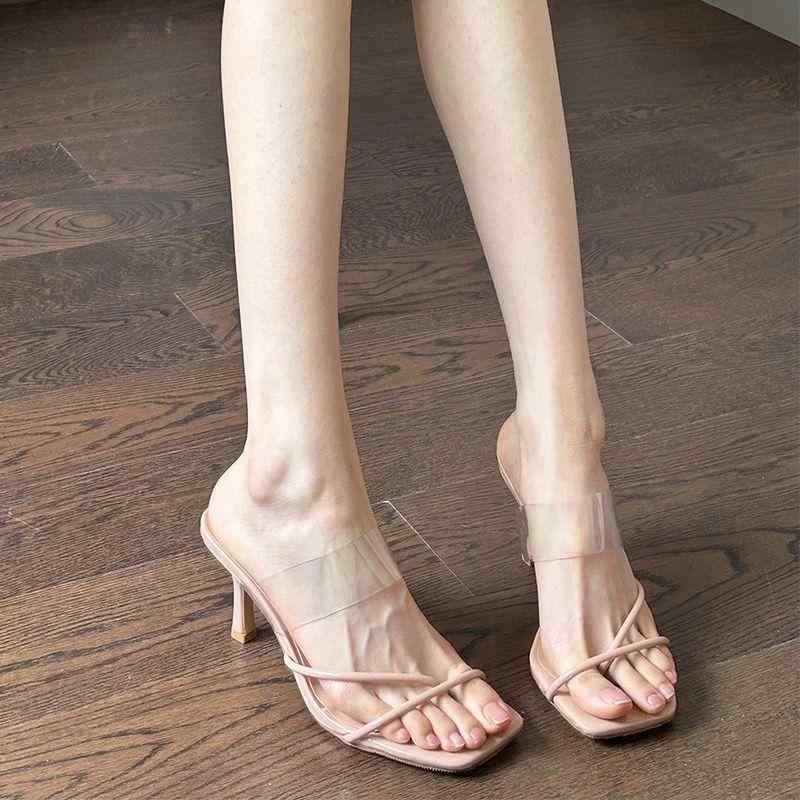 サンダル レディース 細ヒール ミュール スクエアトゥ 透明 韓国 かわいい おしゃれ 高めヒール 外履き デート パーティー 二次会 お呼ばれ