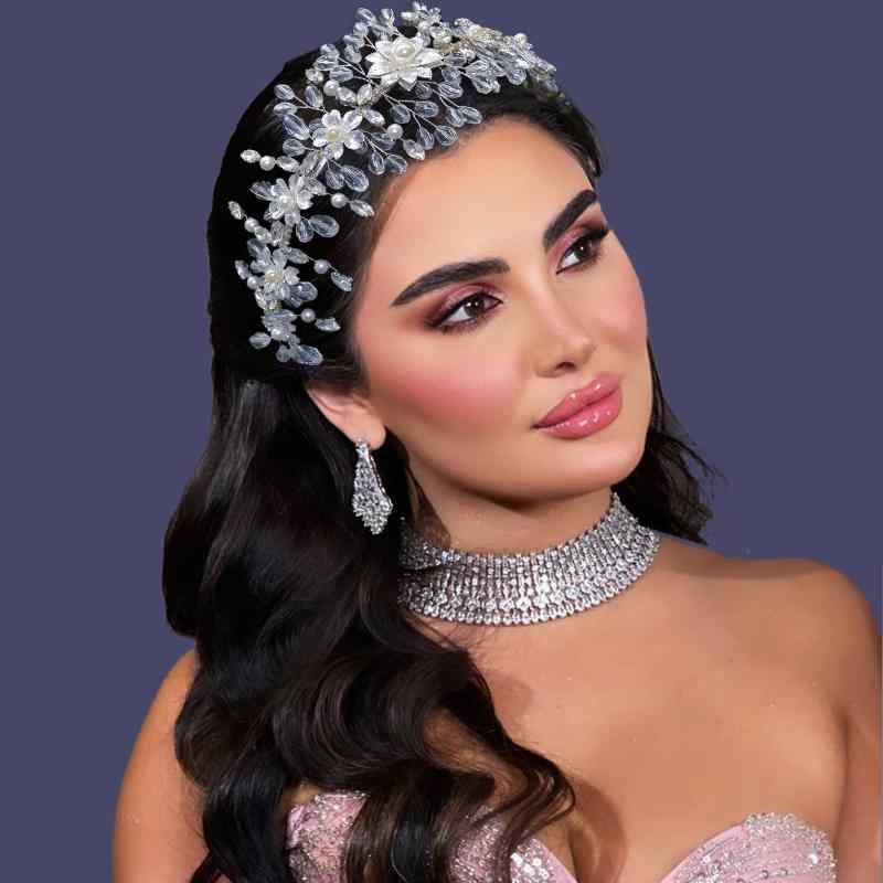 2ヘアアクセサリー レディース ブライダル ヘッドドレス 手編み 花柄 水晶 髪飾り カチューシャ 結婚式 パーティー イベント 上品 エレガント