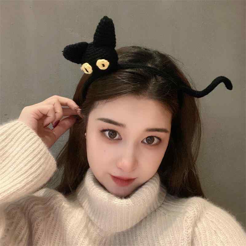 2ヘアバンド レディース 猫耳 ニット 手編み トラ 洗顔 ヘアアクセサリー 黒猫 かわいい 秋冬
