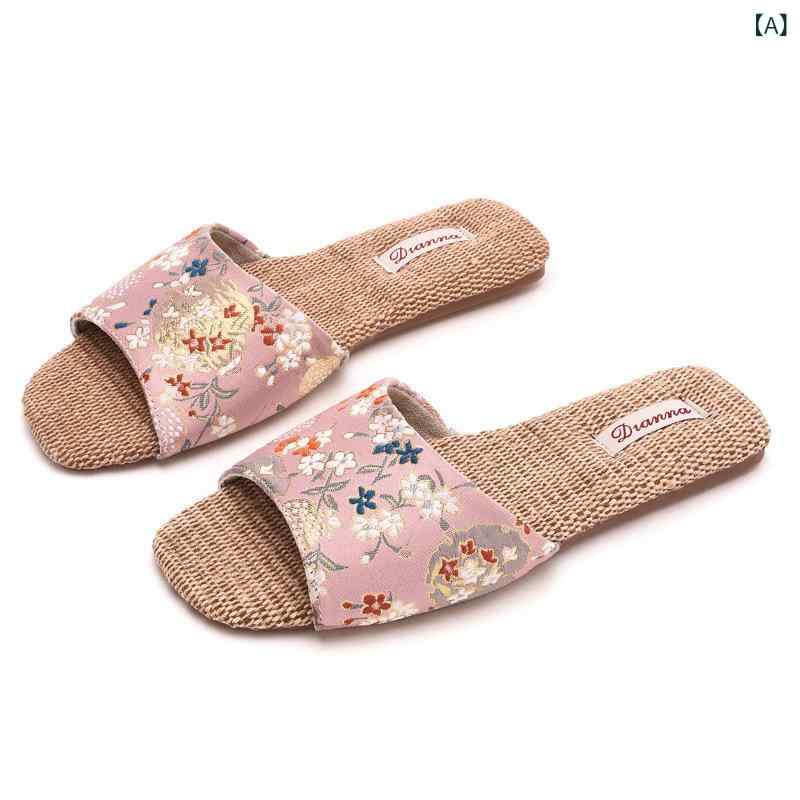 ルームシューズ 亚麻 リネン スリッパ 滑り止め 刺繍 通気性 カップル 春夏 秋冬