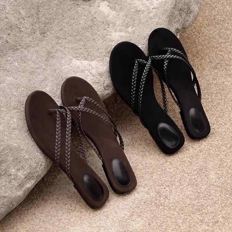 サンダル レディース 豪華感 ビーチサンダル フラットソール 編み込み 柔らかい レザー 親指 トング サンダル リゾート 普段使い