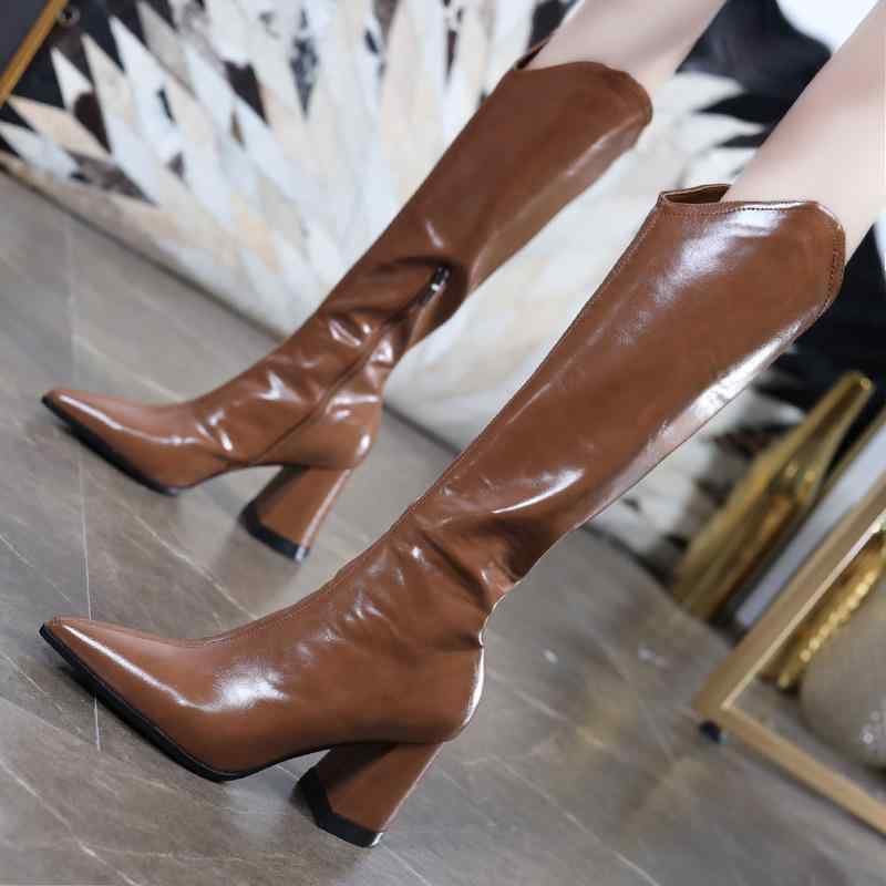 ブーツ レディース ロングブーツ ハイヒール ジョッキーブーツ 太ヒール ポインテッドトゥ ウェスタンブーツ Vカット 8cm 美脚 高筒 秋冬・対象年齢: 成年・靴の材質: 人造PU・靴底の材質: ゴム・対象性別: 女性・スタイル: 職業...