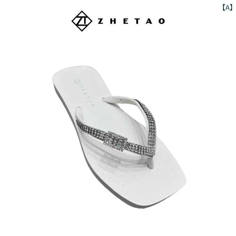 サンダル レディース サマー ビーチ ぺたんこ トング ラインストーン スクエアトゥ カジュアル 普段使い リゾート