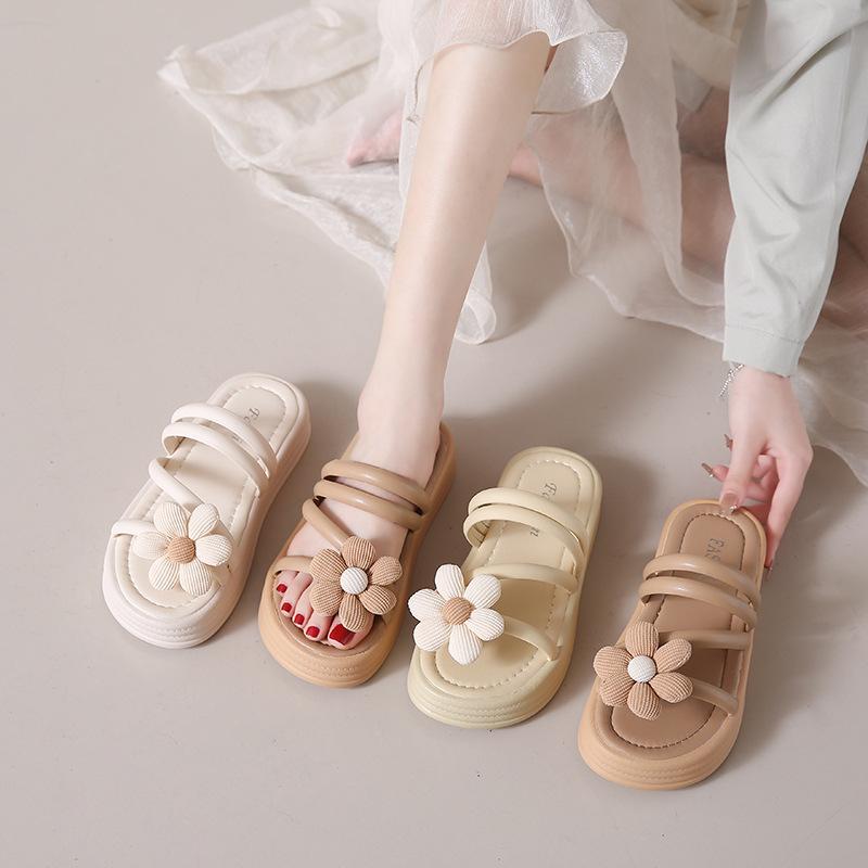 サンダル レディース 春夏 花柄 細ストラップ 厚底 ミュール 普段使い かわいい 歩きやすい