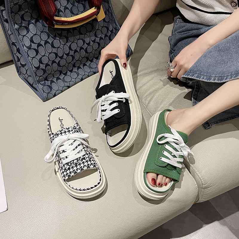 スニーカー レディース 厚底 千鳥格子柄 ハーフスリッパ キャンバス シューズ 無地 スポーツ ローカット スリッポン サンダル 涼しい 履きやすい 歩きやすい オープントゥ