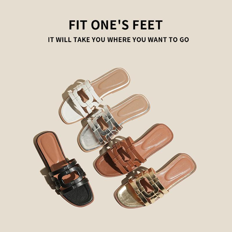 サンダル レディース 法式 一字 休闲 ビーチ フラットソール 通気性 スリッパ 外履き 夏 牛革・スタイル: カジュアル・流行元素: 镂空・靴面材质: 超纤・皮质特征: 牛皮・图案: 纯色・内里材质: 皮质・适用场景: 日常・鞋底工艺: ...