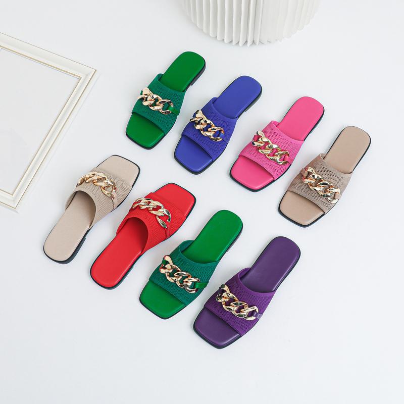 サンダル レディース フラット チェーン スクエアトゥ 涼感 通気性 スリッパ フラットサンダル ぺたんこ 普段使い かわいい おしゃれ 春夏