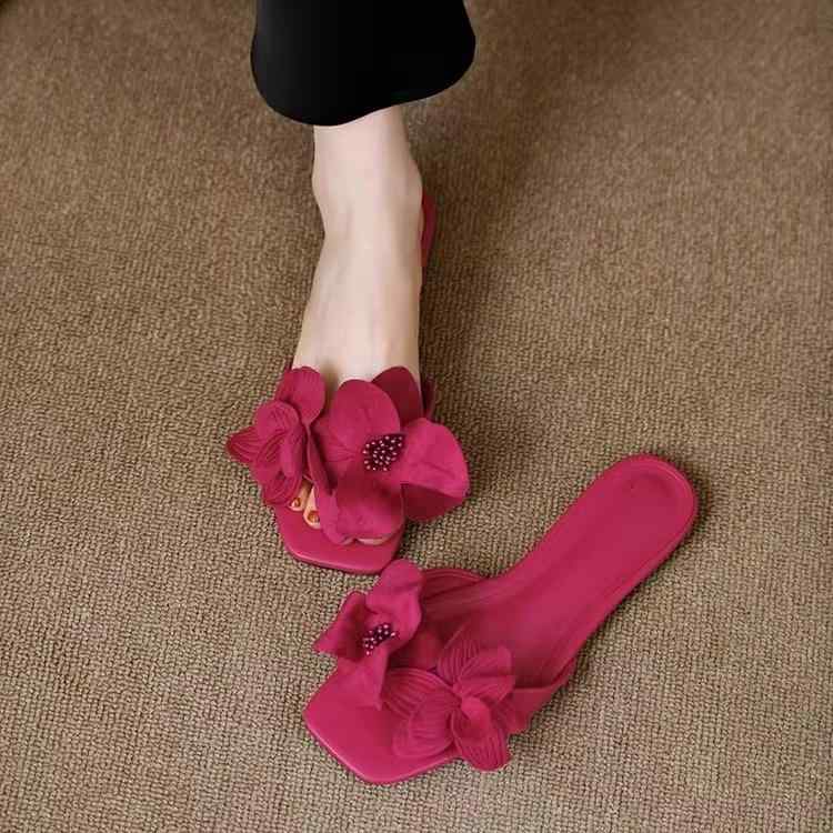 サンダル レディース フラット 花柄 飾り 露趾 一文字 韓国 かわいい 春夏 普段使い リゾート