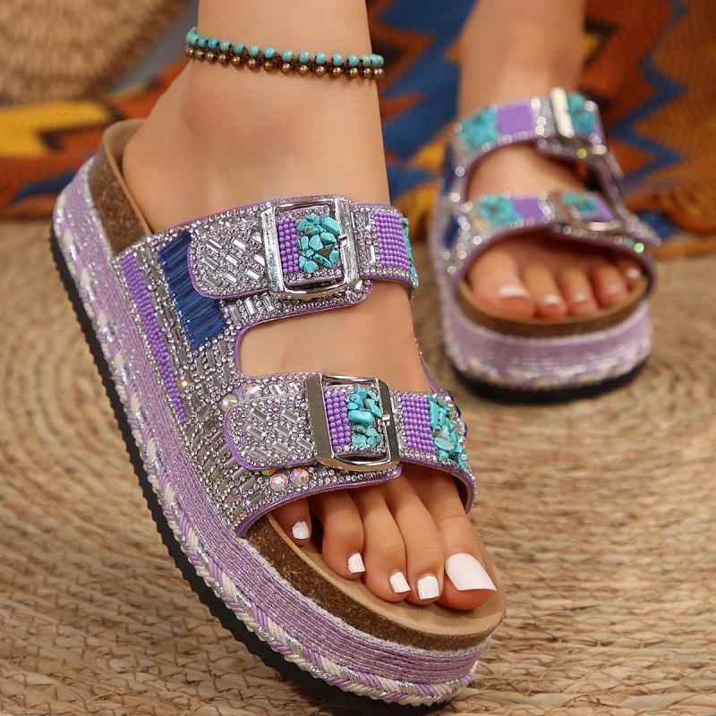 2サンダル レディース 厚底 麻 ビーチ サンダル 水钻 付き ダブル ストラップ 大きいサイズ 痛くなりにくい 歩きやすい 普段使い リゾート