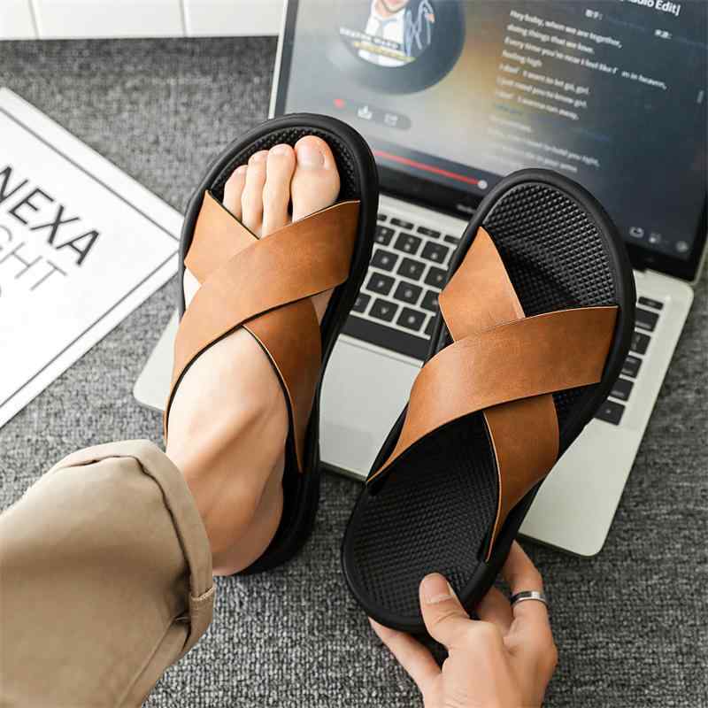 サンダル 男性用 レザー クロスデザイン スリッパ ビーチサンダル 履きやすい 疲れにくい 柔らかい 滑り止め 幅広 普段使い 室内履き オフィス