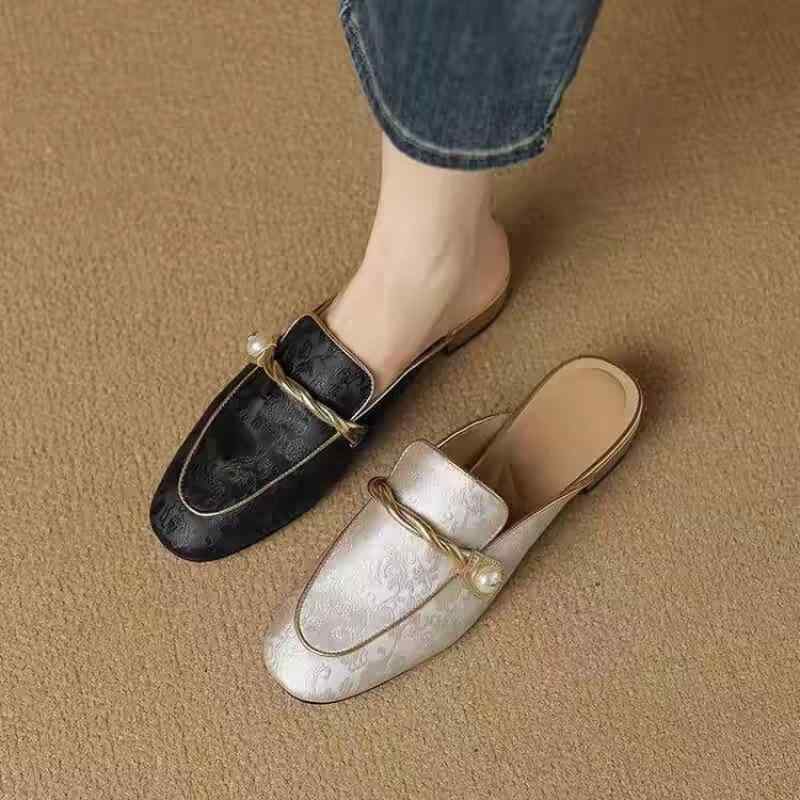 サンダル レディース ミュール スリッパ チャンキーヒール シャンパンゴールド アッパー 軟らかい 国潮 チャイナ風 包頭 マリージェーン 普段使い お出かけ