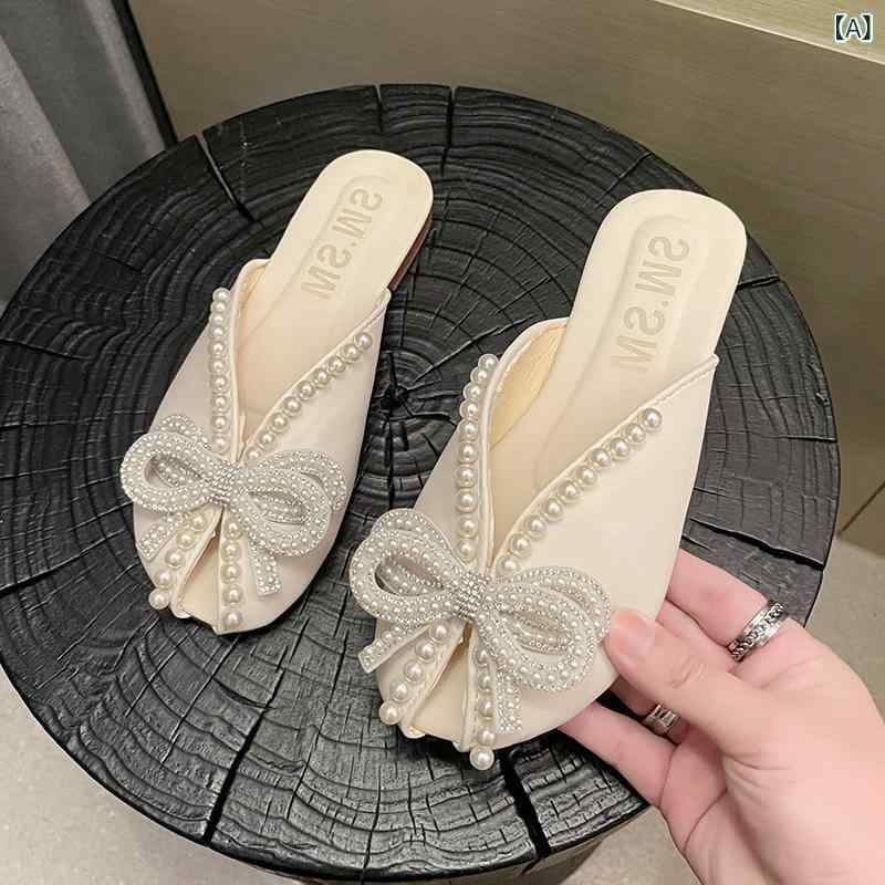 サンダル レディース 春夏 パール 蝶結び ぺたんこ 魚口 ソフトボトム スリッパ 外履き 普段使い かわいい