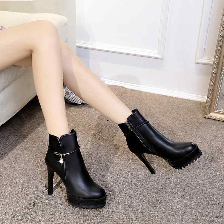 ブーツ レディース 細ヒール ハイヒール ショートブーツ 防水 厚底 ジッパー付き マ チンブーツ レザー調 美脚効果 かわいい きれいめ お洒落