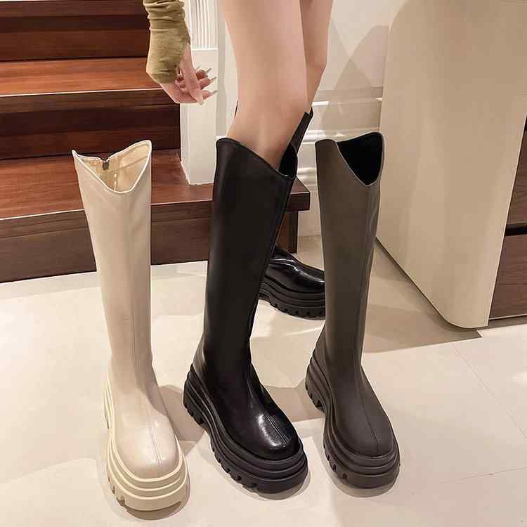 ブーツ レディース 厚底 7cm 秋冬 スクエアトゥ バックジップ ロングブーツ ひざ下丈 女性 靴