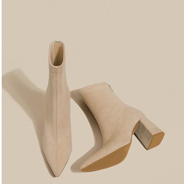 ブーツ レディース 秋冬 ショートブーツ ハイヒール チャンキーヒール ストレッチ ソックスブーツ 履きやすい 疲れにくい きれいめ 美脚 黒