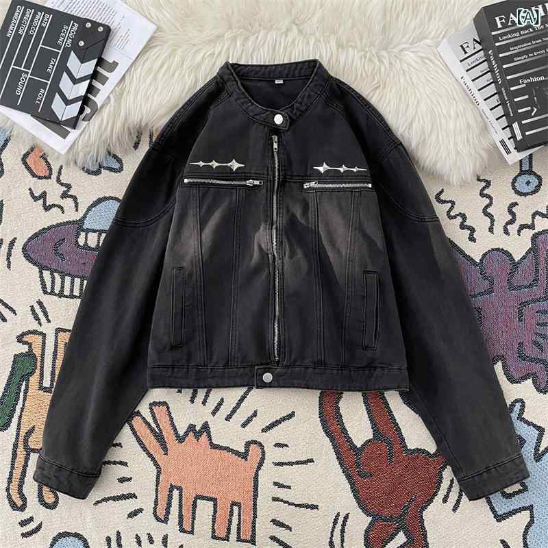 ジャケット 男性用 レトロ ウォッシュド デニム ショート丈 切り替え メタル 無地 ドロップショルダー 普段使い