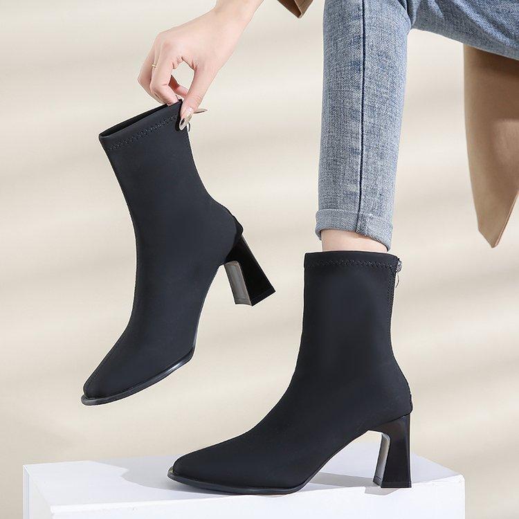 2ブーツ レディース 大きいサイズ ショートブーツ 太ヒール ファスナー付き ハイヒール スタイルアップ きれいめ 美脚 韓国