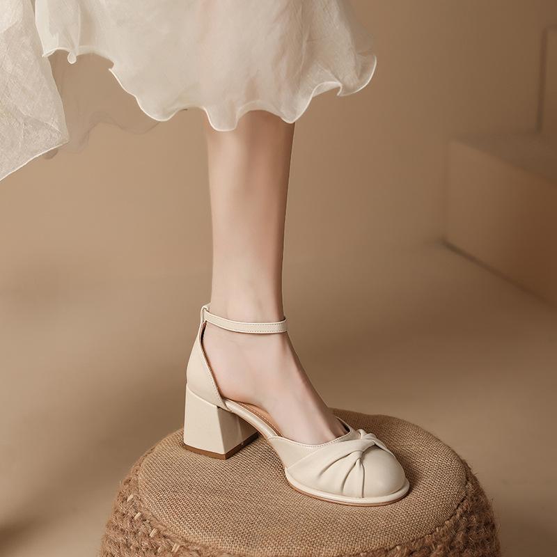 サンダル レディース 春夏 フレンチスタイル チャンキーヒール バックストラップ パンプス ポインテッドトゥ ミュール