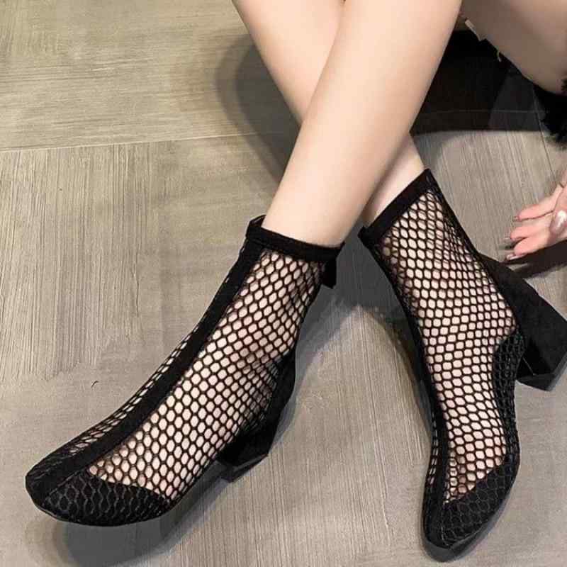 サンダル レディース メッシュ スクエアトゥ ハイヒール 涼しい 快適 通気性 抜け感 薄手 ショートブーツ サマーブーツ 靴 春夏