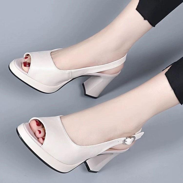 サンダル レディース 女性用 春夏 革 厚底 チャンキーヒール ローマ風 Tストラップ ハイヒール 魚口 柔らかい 歩きやすい 普段使い