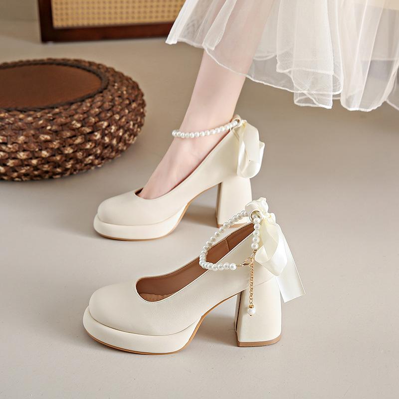 2靴 レディース 大きいサイズ ハイヒール パンプス 春夏 リボン ちょう結び パール 太ヒール スカート ローヒール 歩きやすい かわいい フェミニン