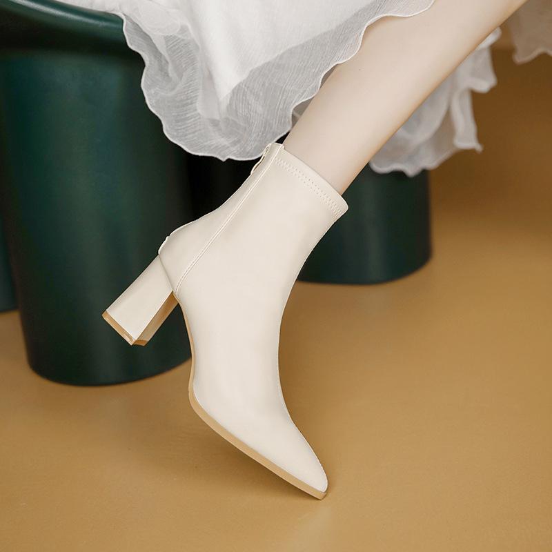 ブーツ レディース 秋冬 ショートブーツ 太ヒール チャンキーヒール ポインテッドトゥ ソフトレザー 後ろファスナー 普段使い デート お出かけ