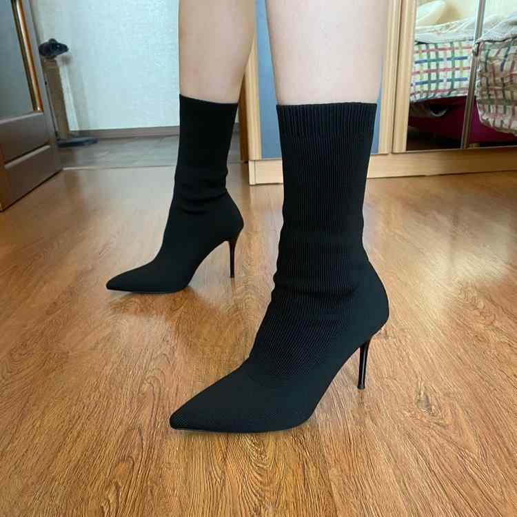 ブーツ レディース 大きいサイズ 秋冬 ショートブーツ ポインテッドトゥ ピンヒール ハイヒール ストレッチ ニット ソックスブーツ 美脚効果