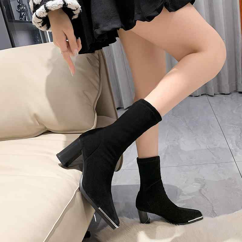 ブーツ レディース 秋冬 ショートブーツ チャンキーヒール ストレッチ ソックスブーツ スエード スクエアトゥ ミドル丈 美脚 歩きやすい 痛くない スタイルアップ