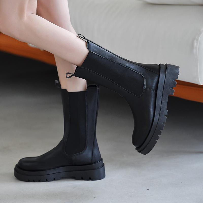 ブーツ レディース 秋冬 イングランド風 ミドル丈 厚底 チェルシー ショートブーツ 筒型 かわいい 美脚 歩きやすい 普段使い