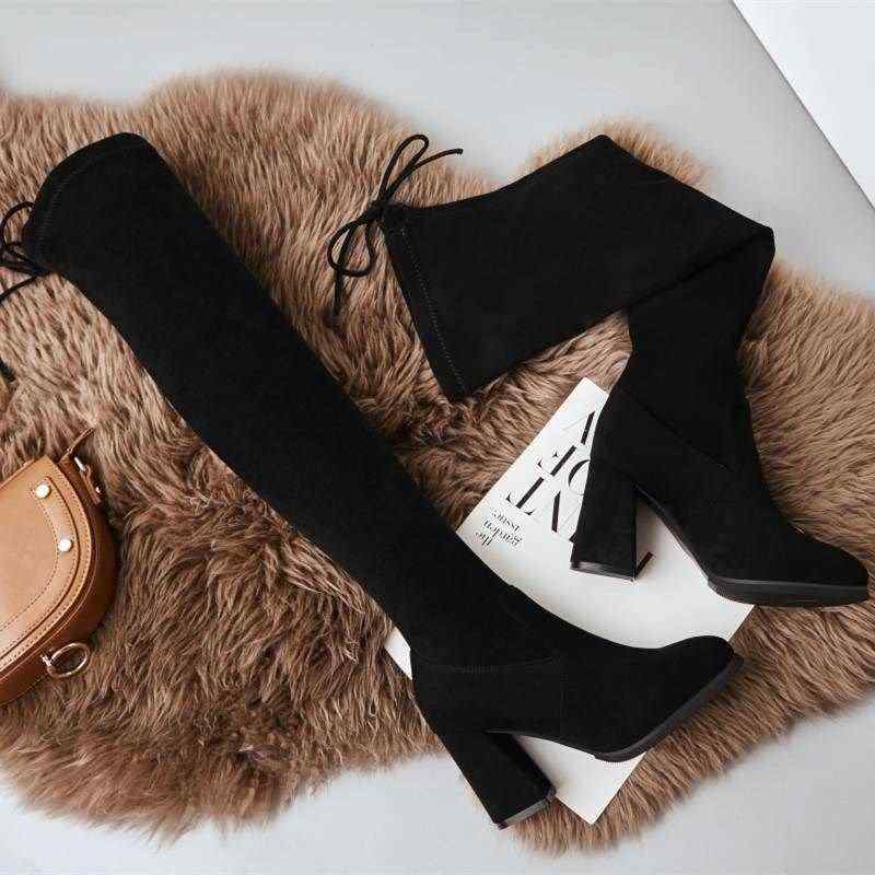 ブーツ レディース ロングブーツ 秋冬 ストレッチ 暖か 保温 ポインテッドトゥ チャンキーヒール ハイヒール 美脚 高筒