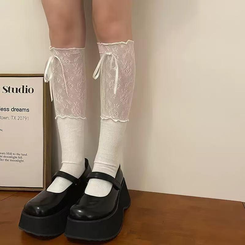 靴下 レディース バレエ風 レース 切り替え ニーハイソックス ショートブーツ ソックス 木耳 フリル 植毛 ルーズソックス かわいい ガーリー フェミニン