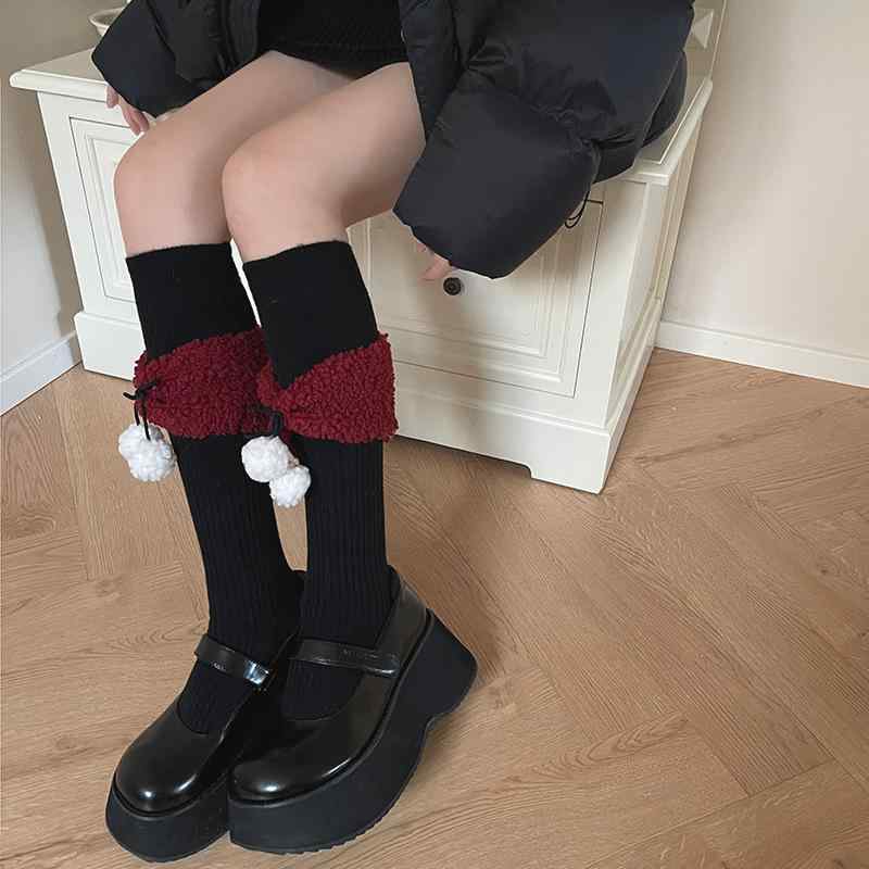 2靴下 レディース 羊毛 膝上 かわいい 毛玉 花柄 リボン 秋冬 厚手 あったか 防寒