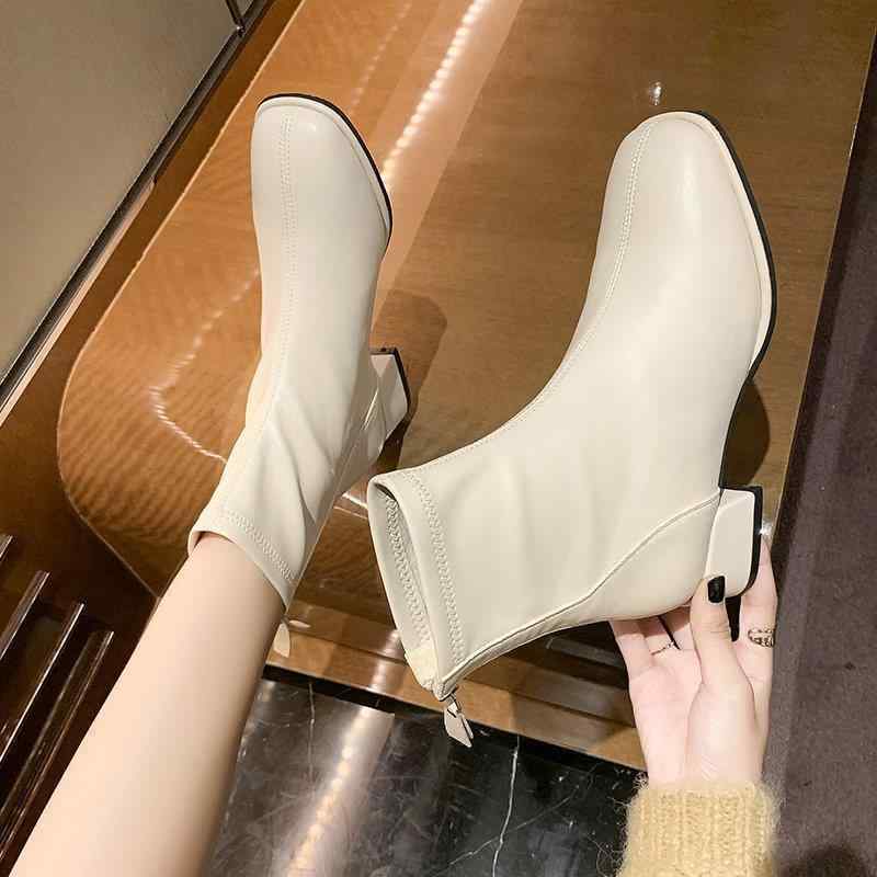 ブーツ レディース 秋冬 ショートブーツ 白色 歩きやすい 履きやすい チャンキーヒール 太ヒール スクエアトゥ 美脚効果 脚長効果 あったか 裏起毛 普段使い かわいい お洒落・適用年齢段: 成年・鞋面材质: 人造PU・鞋底材质: 橡胶・...