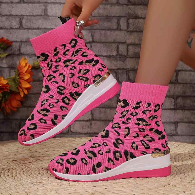 靴 レディース 大きいサイズ ヒョウ柄 ニット ショートブーツ 厚底 ローヒール カジュアル 歩きやすい 履きやすい