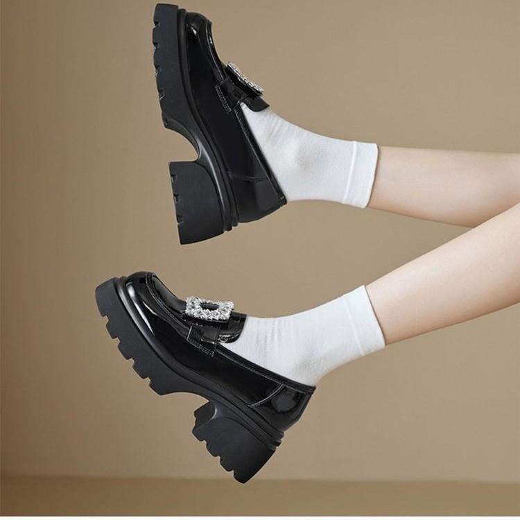 2ローファー レディース 厚底 靴 シューズ ラインストーン スクエアトゥ ラウンドトゥ ブリティッシュスタイル 太ヒール かわいい 普段使い