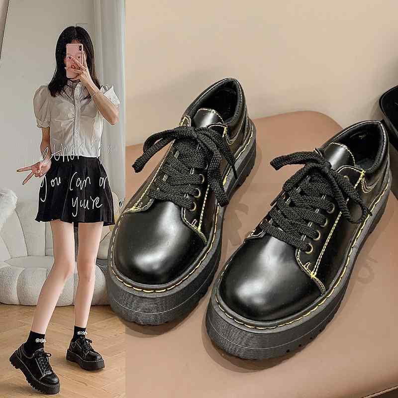 2靴 レディース 厚底 ローファー 日系 JK かわいい 法式 ミドルヒール チャンキーヒール レザーシューズ 切り替え ヴィンテージ風 ブリティッシュスタイル 秋冬
