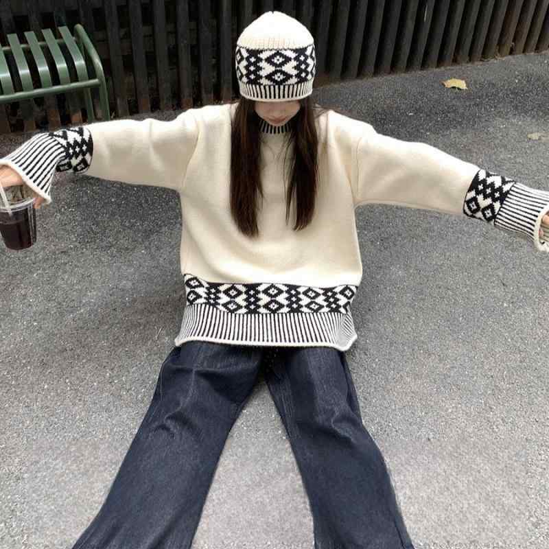 2ニット レディース 秋冬 韓国風 ゆったり 怠惰感 丸首 ジャカード セーター トップス ニット帽付き ケーブル編み かわいい 普段使い