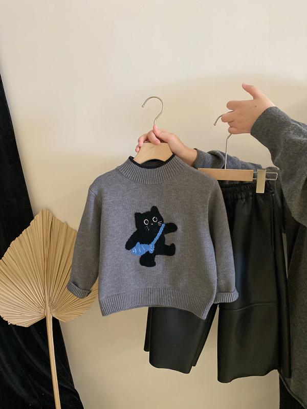 子供服 ニット セーター パンツ セットアップ 秋冬 裏起毛 暖かい かわいい 猫柄 ファッション