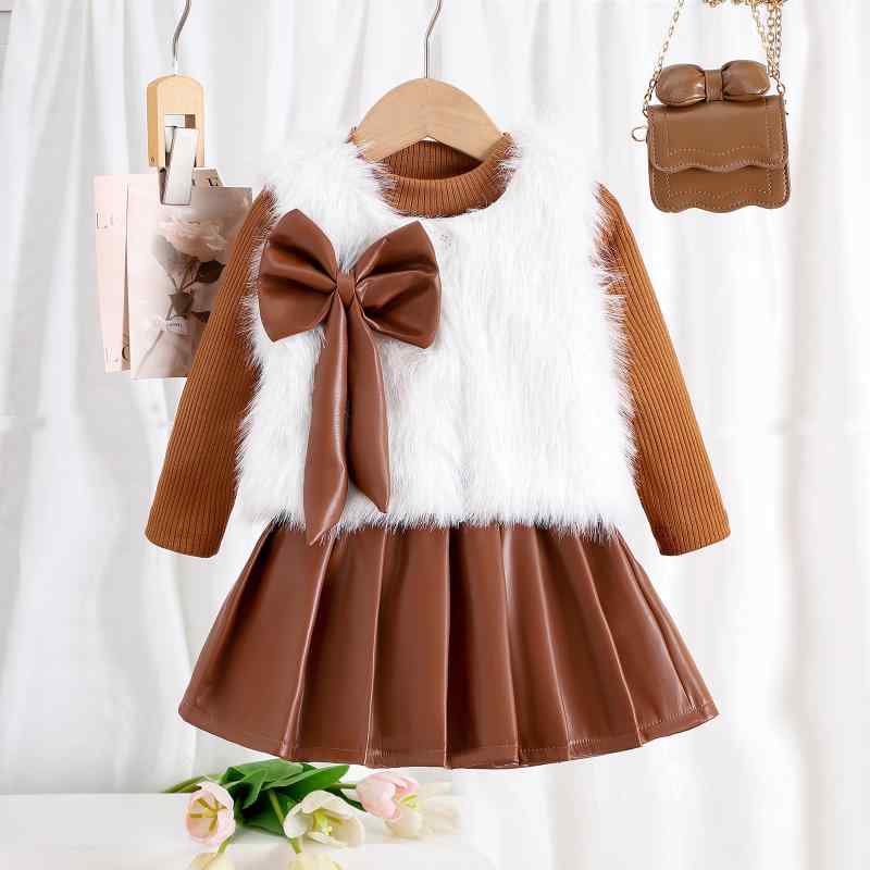 キッズ セットアップ 秋冬 無地 トップス &amp; 蝶結び アウター &amp; プリーツ スカート かわいい 子供服 女の子・スタイル: 欧美・セットタイプ: スカートセット・セット内容: 服・対象年齢: 乳幼児(1~3歳，80~10...