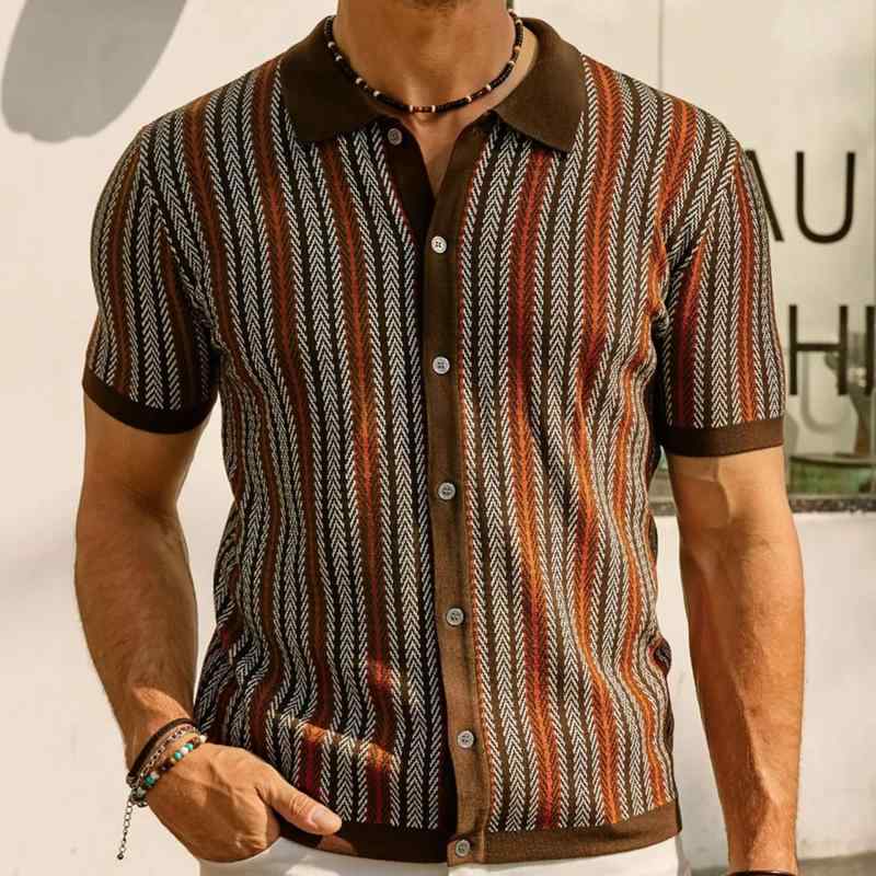 ニット メンズ 男性用 半袖 ストライプ柄 ジャカード ポロシャツ ビジネス オフィス カジュアル