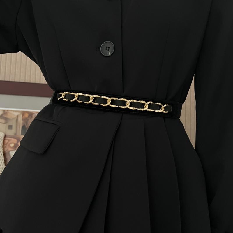 ベルト レディース ストレッチ ゴム ウエスト 調整可能 スーツ アウター セーター チェーン おしゃれ ブラック