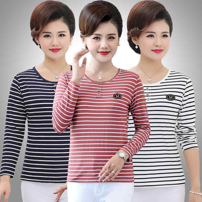 Tシャツ レディース 春物 トップス ストライプ 長袖 カットソー 中高年 女性向け インナー ラウンドネック プルオーバー