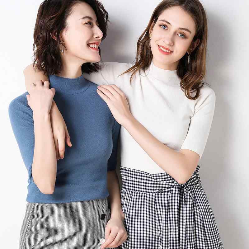 Tシャツ レディース トップス プルオーバー ハーフネック 薄手 ミドルスリーブ スリム タイト ニット 五分袖 春夏