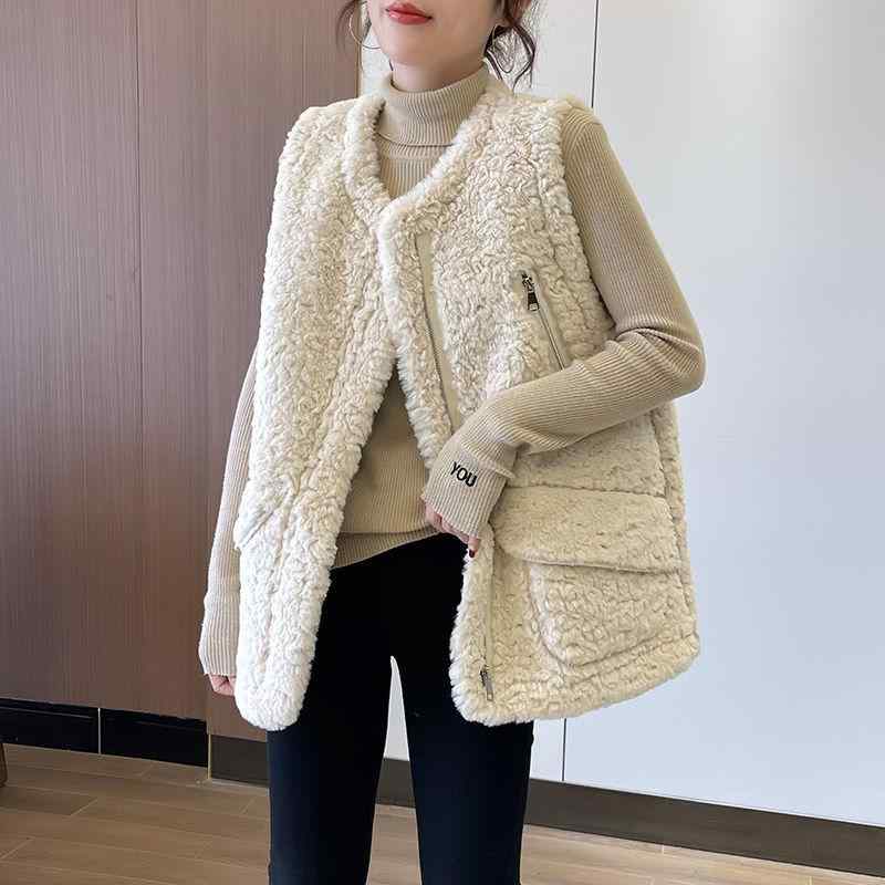 ベスト レディース 2024秋冬 羊毛 ラムウール フェイクファー ミディアム丈 ヨーロッパスタイル ゆったり 体型カバー