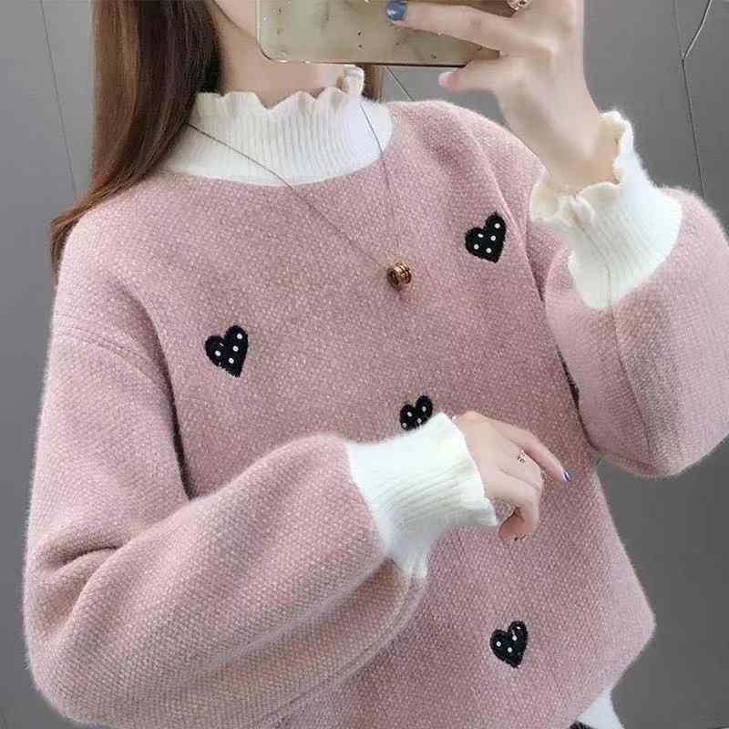 "ニット レディース 秋冬 厚手 刺繍 トップス ニットセーター 大きいサイズ ゆったり 立ち襟 あったか ふんわり