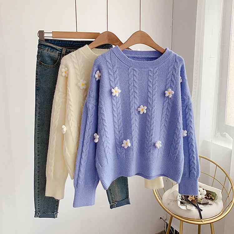 ニット レディース 秋冬 立体 花柄 ケーブル編み ゆったり プルオーバー 暖かい 厚手 ドロップショルダー トップス カジュアル かわいい デート オフィス