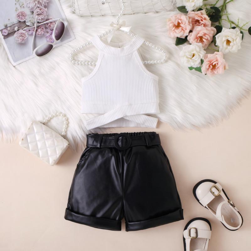 タンクトップ &amp; 短パン キッズ 女の子 セットアップ 春夏 PUレザー ショートパンツ 背中クロス