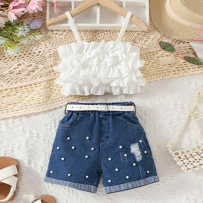 子供服 女の子 花柄レース キャミソール デニム ショートパンツ レザーベルト 3点セット かわいい ガールズ トップス ボトムス おしゃれ着 お出かけ着 春夏
