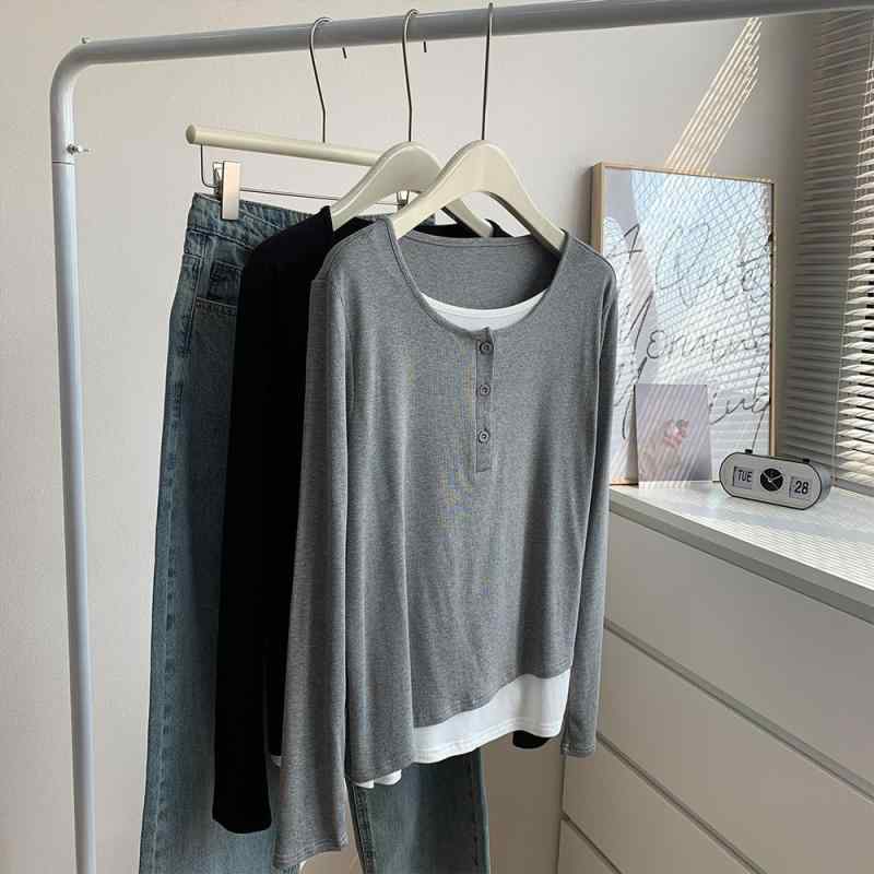 2Tシャツ レディース 韓国風 長袖 スリム フィット 着痩せ レイヤード風 トップス カットソー プルオーバー 普段使い オフィスカジュアル