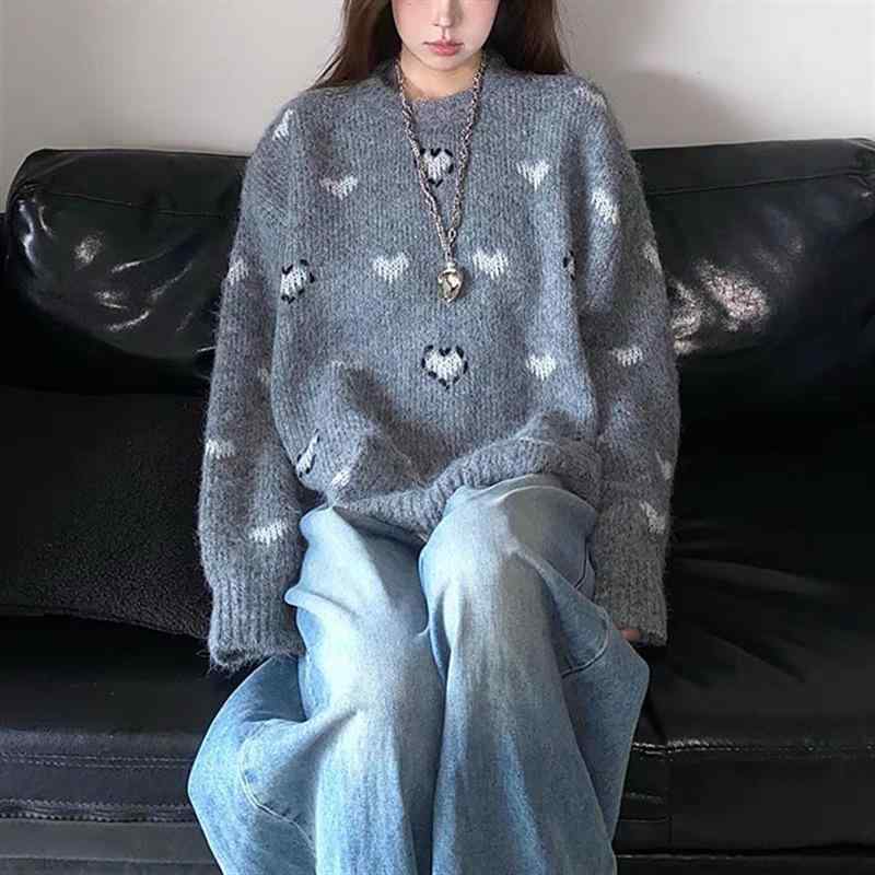 ニット レディース 秋冬 韓国風 レトロ 愛心柄 セーター ゆったり かわいい プルオーバー トップス 女性用 婦人服 普段使い リラックス ウェア